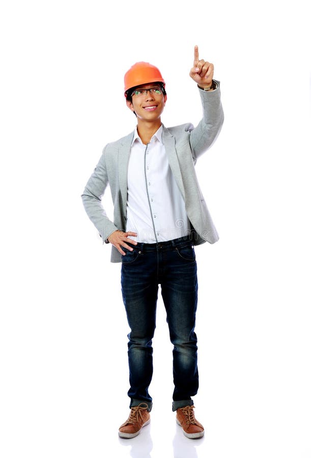 Portrait of Asian Engineer Man Point Up Stock Image - Image of ...