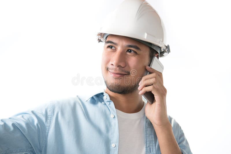 Portrait of Asian Engineer Smiling and Using a Cellphone Stock Photo ...
