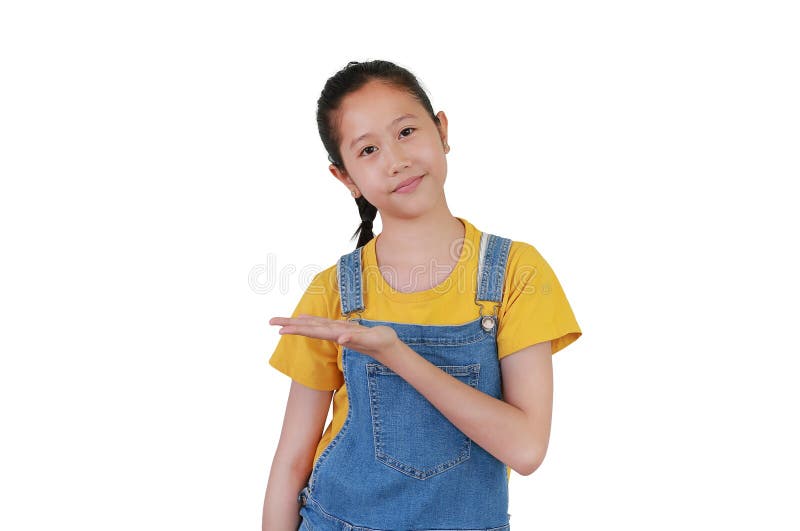 Portrait of Asian Girl Kid Standing Presenting Something on Empty Space ...