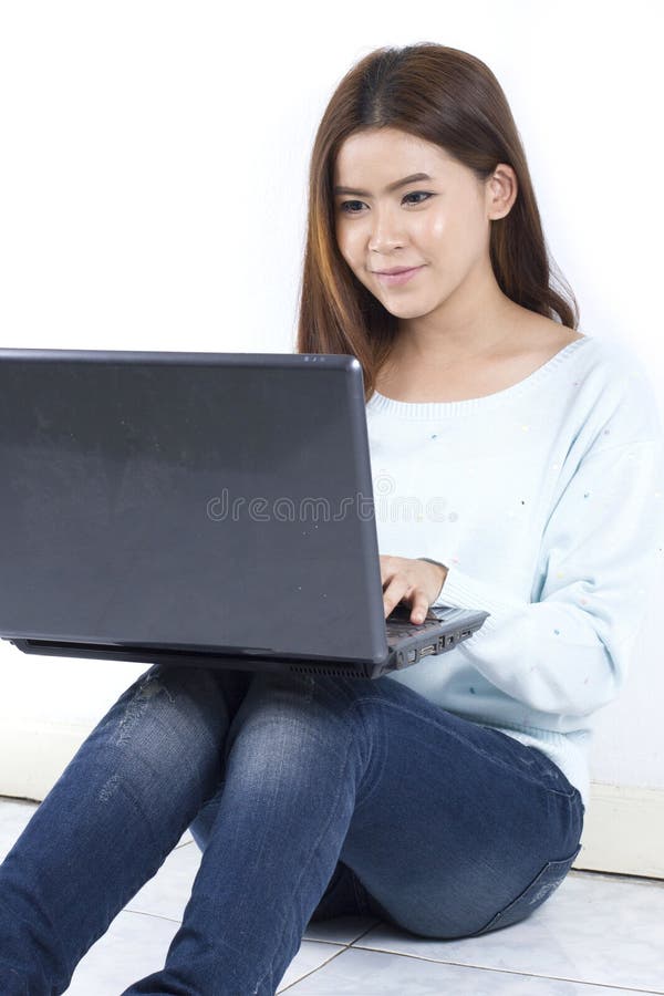 Portrait of Asian Young Woman with Laptop Computer Stock Image - Image ...