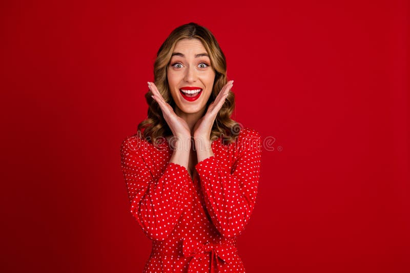 Portrait Of Astonished Gorgeous Girl Raise Hands Open Mouth