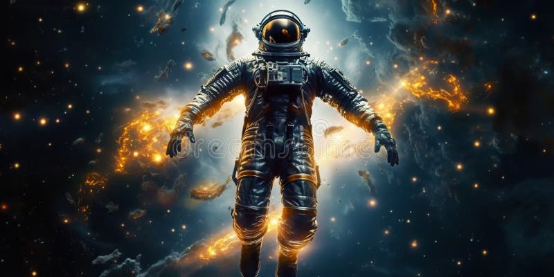 Portrait of Astronaut Floating in Space with a Asteroids, Space Rocks ...