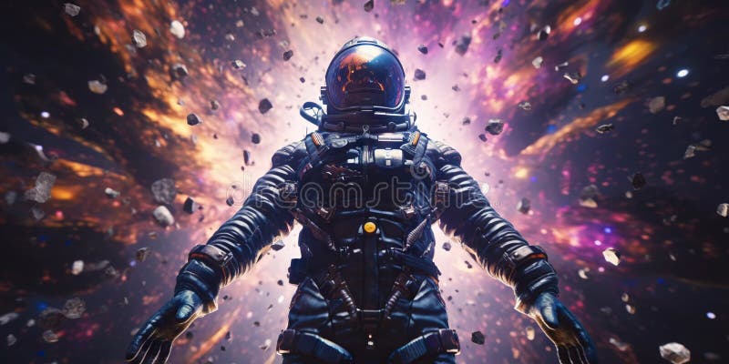 Portrait of Astronaut Floating in Space with a Asteroids, Space Rocks ...