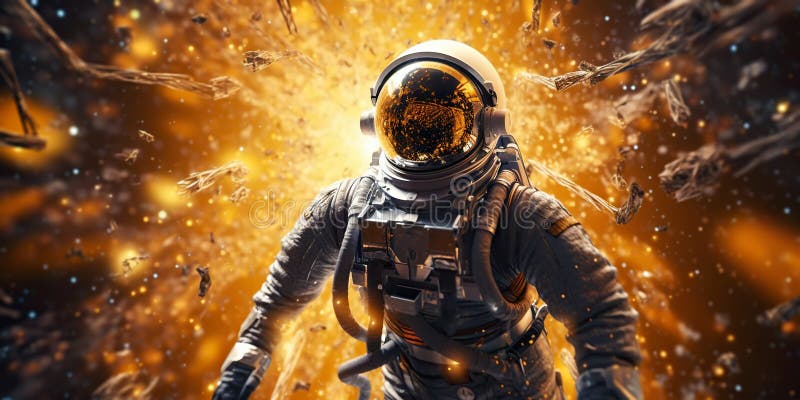 Portrait of Astronaut Floating in Space with a Asteroids, Space Rocks ...