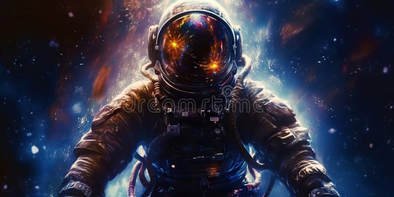Portrait of Astronaut Floating in Space with Stars, Planets. Front View ...