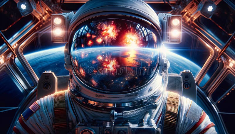 Astronaut in Spaceship Wearing Helmet, Who is Reflected in Dramatic ...