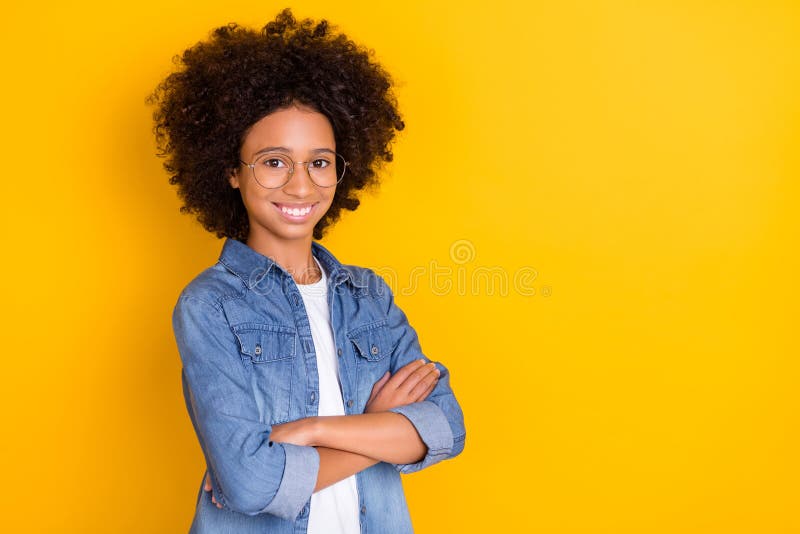 Portrait Of Attractive Cheerful Clever Teen Girl Folded Arms Copy Space