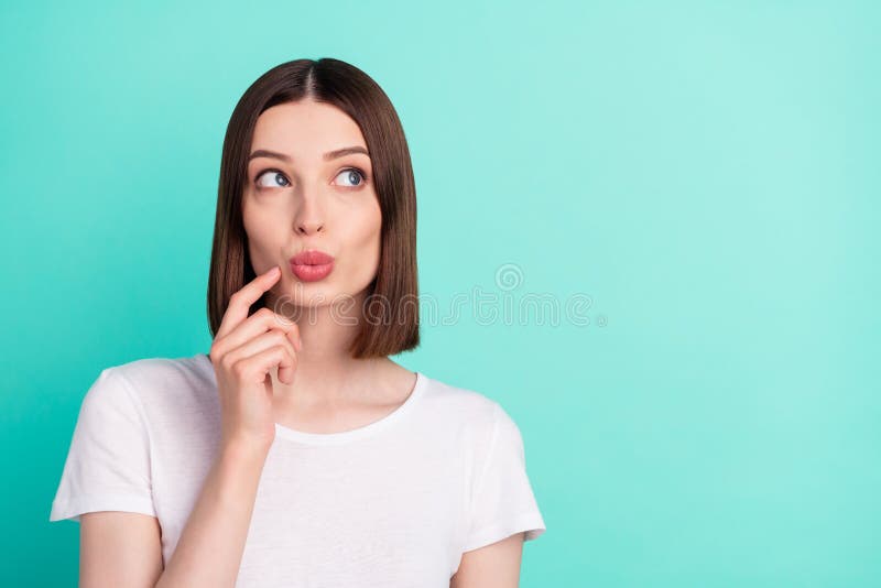 Portrait Of Attractive Cheerful Curious Girl Fantasizing Copy Space