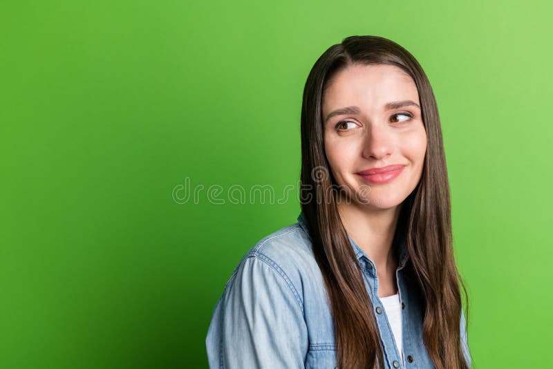 Portrait Of Attractive Cheerful Girl Thinking Looking Aside Copy Blank