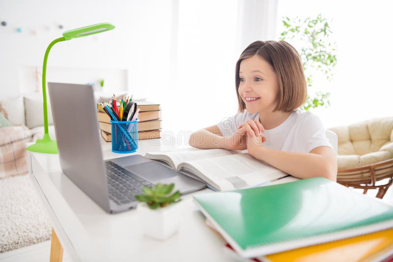 Portrait of Attractive Cheerful Girl Watching Course Video Tutorial ...