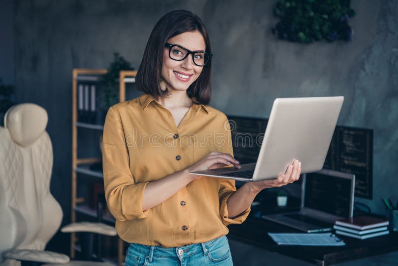 Portrait of Attractive Cheerful Skilled Girl Expert Editing Project ...