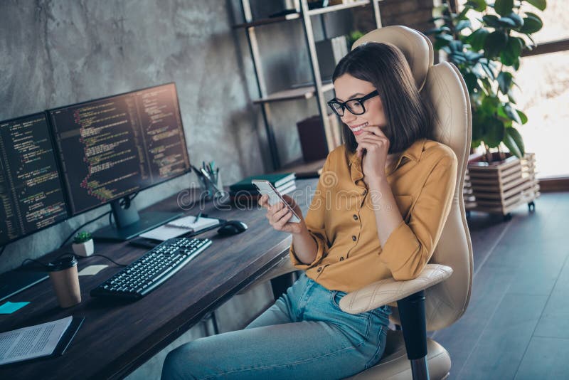 Portrait of Attractive Cheery Girl Web Developer Designer Using Device ...