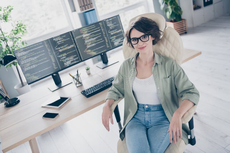 Portrait of Attractive Cheery Skilled Girl Expert Technician Coder ... Portrait of Attractive Cheery Skilled Girl Expert Technician Coder ...