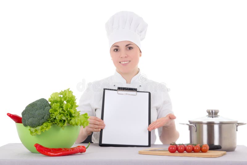Portrait of Attractive Cook Woman in Uniform with Clipboard at T Stock ...