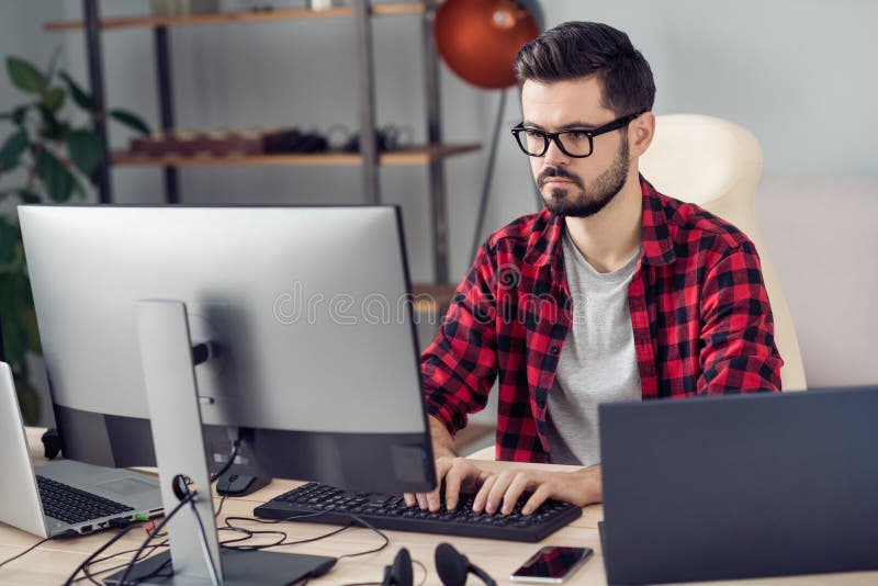 Portrait of Attractive Experienced Focused Guy Writing Creating Code ...