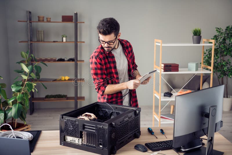 Portrait of Attractive Experienced Trendy Guy Upgrading Motherboard ...