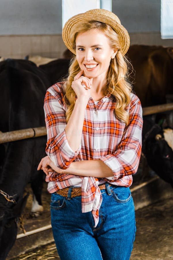 Portrait of Attractive Farmer in Straw Hat Looking at Camera Stock ...