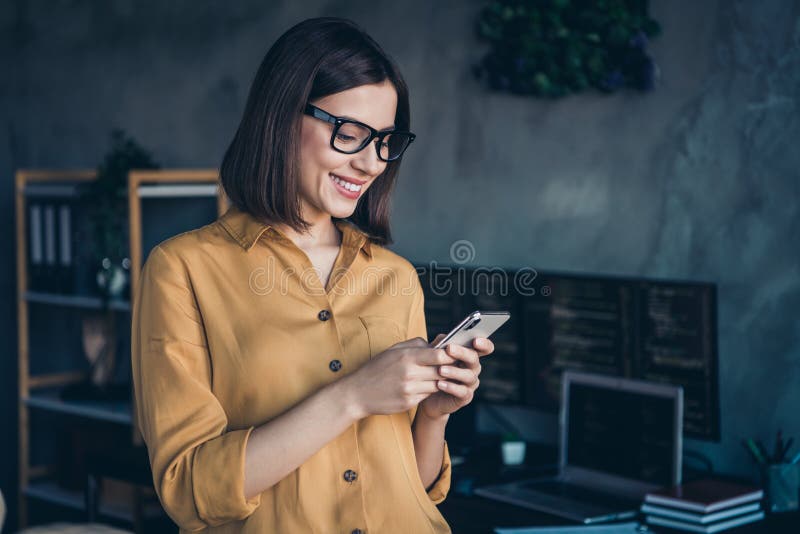 Portrait of Attractive Focused Cheerful Girl Expert Using Device Gadget ...