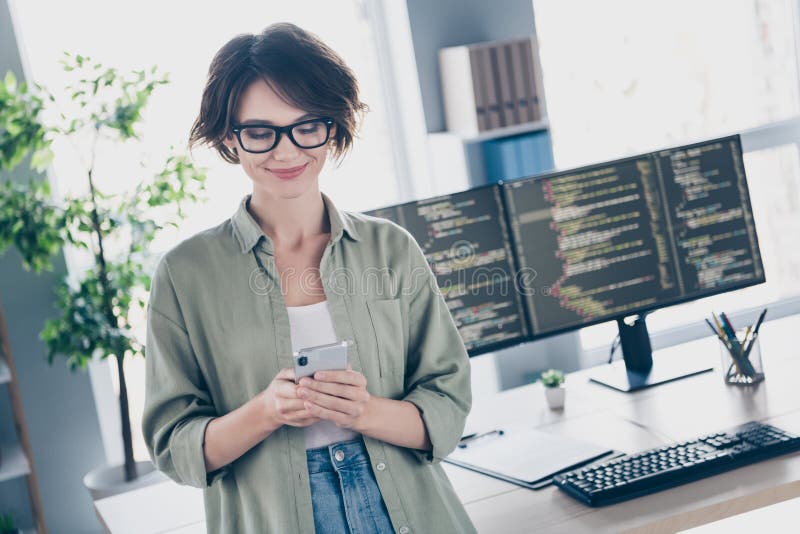 Portrait of Attractive Focused Cheery Girl Hacker Tech Manager Using ...