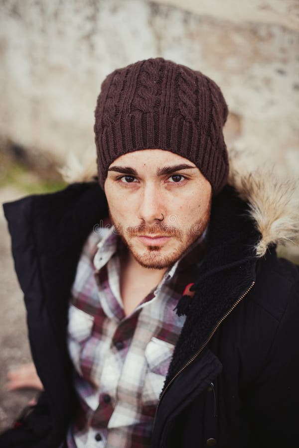 Portrait of Attractive Guy with Wool Hat in a Old House. Stock Photo ...