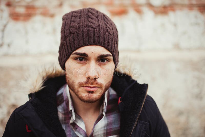 Portrait of Attractive Guy with Wool Hat in a Old House. Stock Image ...