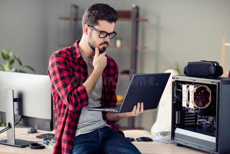 Portrait of Attractive Minded Guy Checking Server Error Solving Web ...