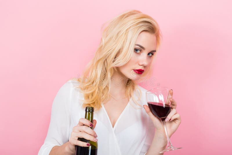Blonde Woman Holding Wine Bottle And Glass Stock Image Image Of