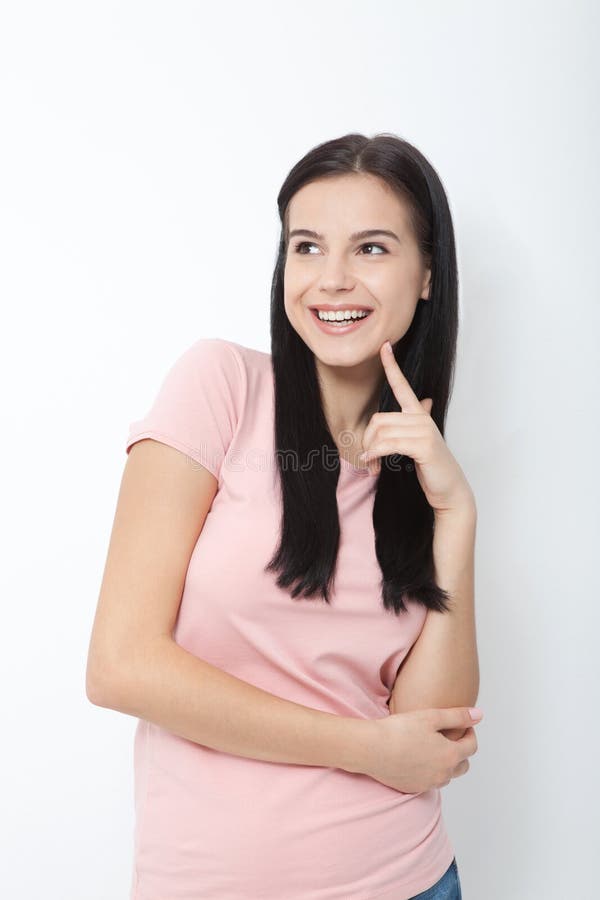 Portrait Attractive Young Brunette Woman Ooking Up Dreaming Stock