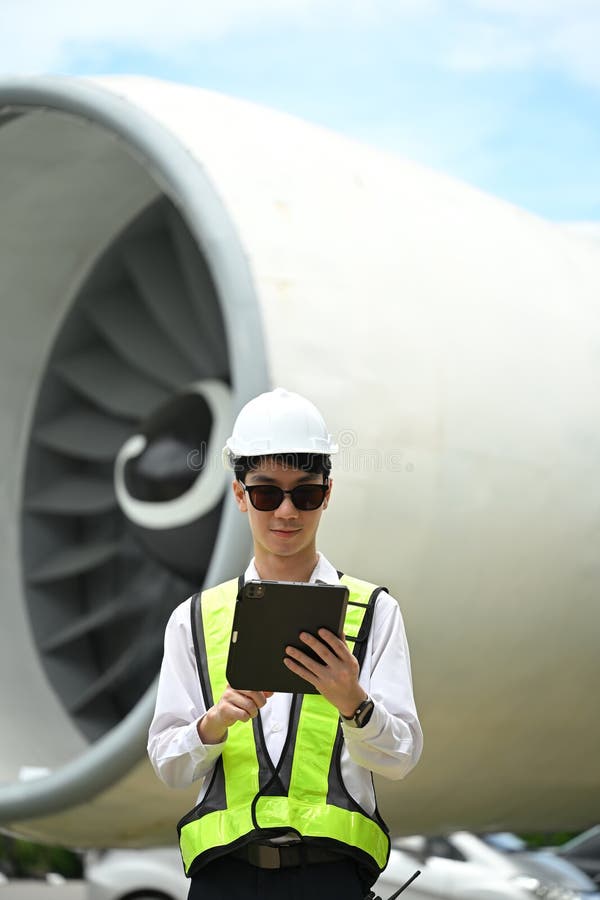 Portrait of Aviation Technician Standing in Front of a Large Aircraft ...