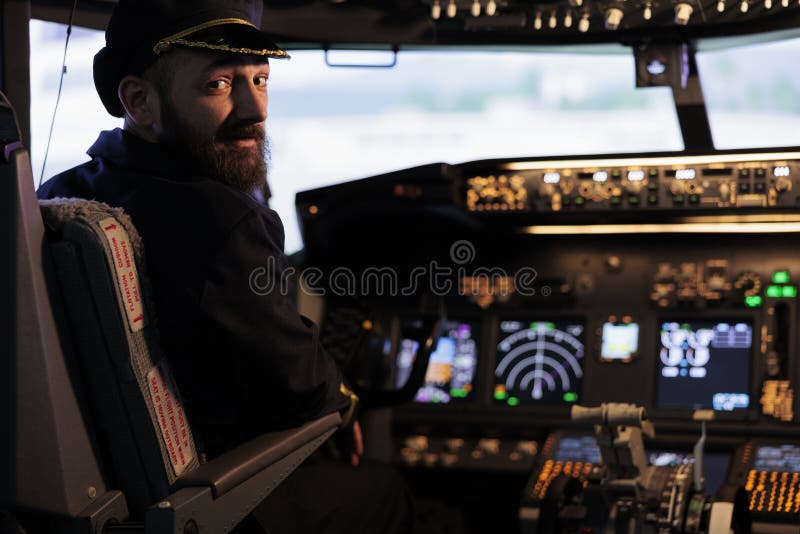 Portrait of Aviator Sitting in Captain Cabin Ready To Fly Airplane ...