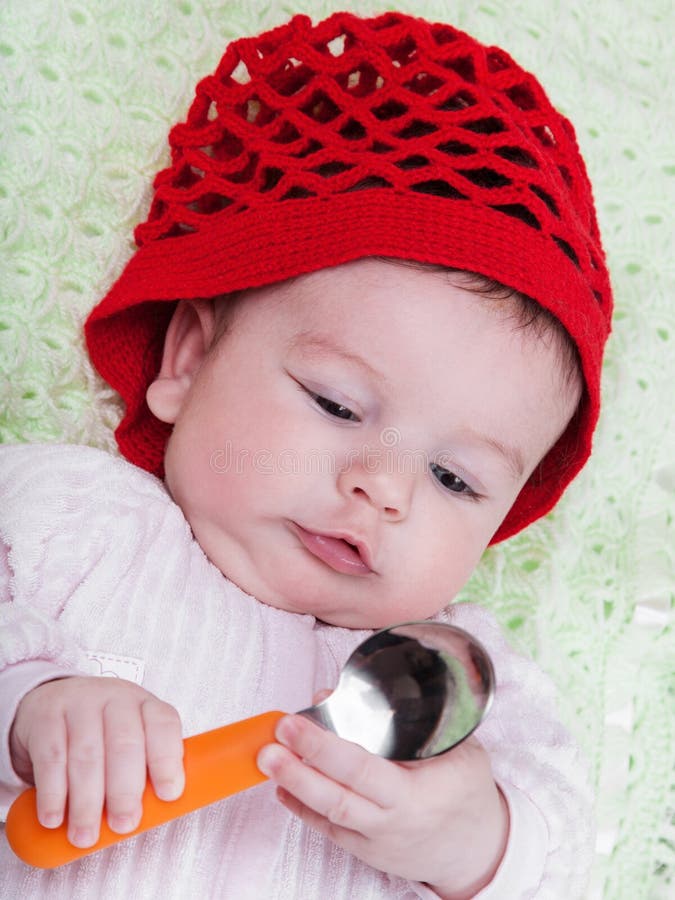 Portrait Baby in Red Bonnet Stock Image - Image of family, generation ...