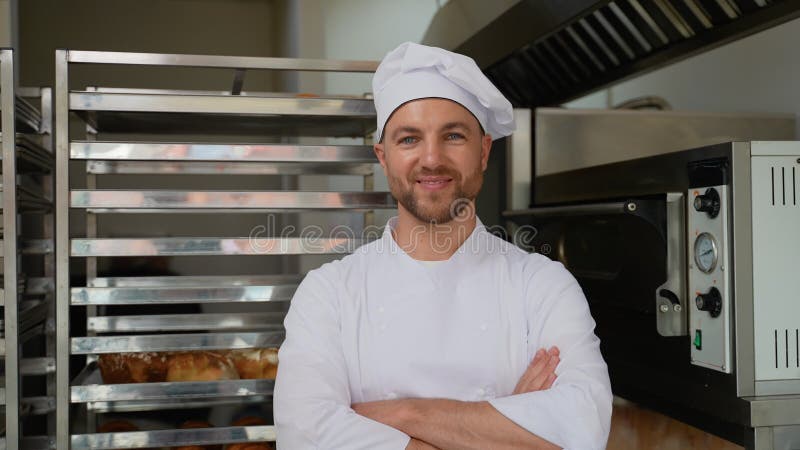 Portrait of a Baker in Bakery with Bread and Croissant Stock Footage ...