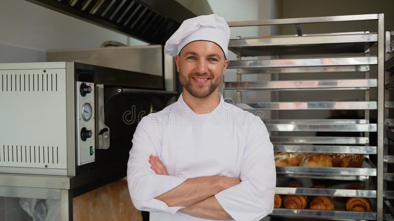 Portrait of a Baker in Bakery with Bread and Croissant Stock Video ...