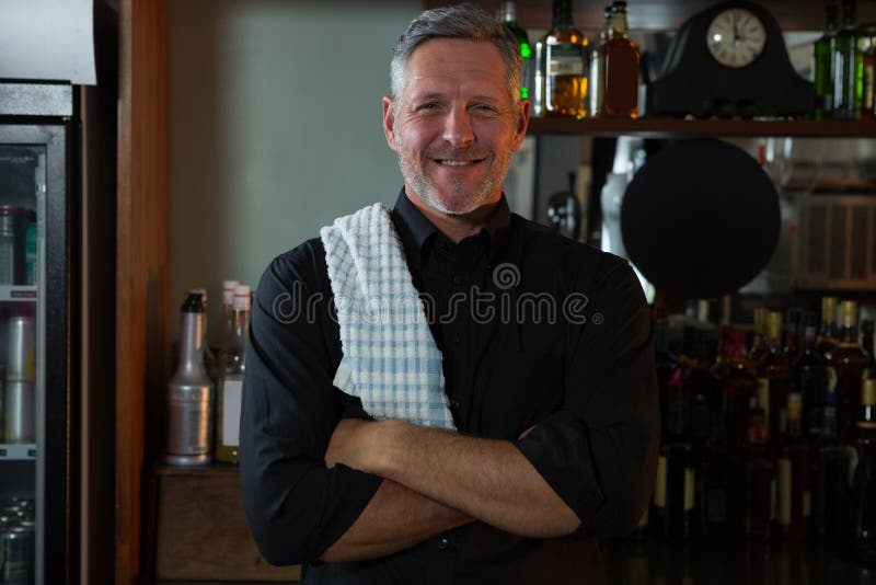 Bar Tender Standing at Bar Counter Stock Image - Image of retail ...