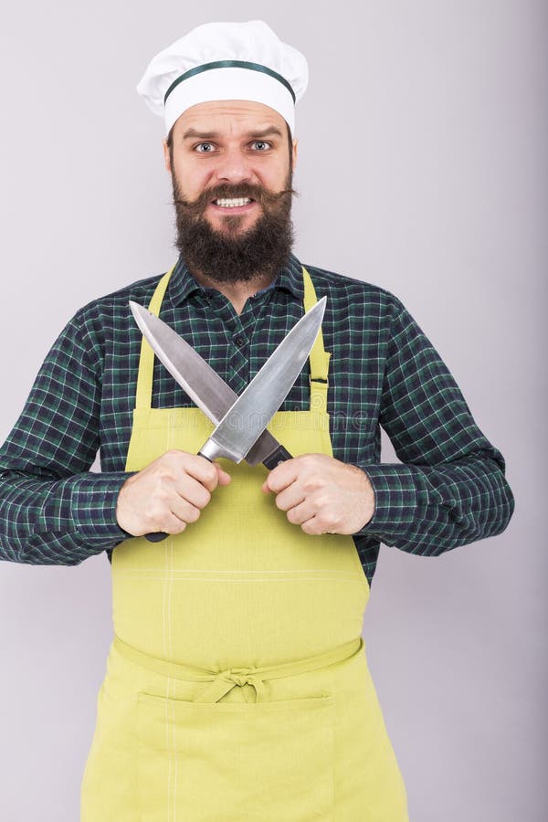 Portrait Bearded Angry Man Holding Two Big Sharp Knives Stock Photos ...