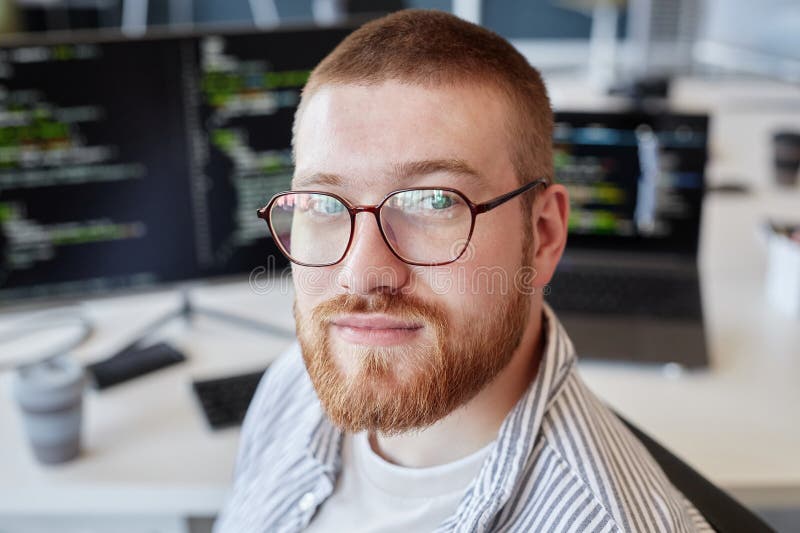 Portrait of Bearded Man with Computer Screens Stock Photo - Image of ...