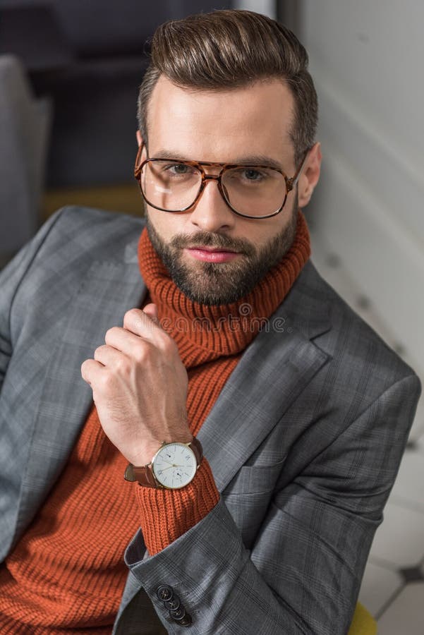 Portrait of Bearded Man in Formal Wear and Glasses Looking Stock Image ...