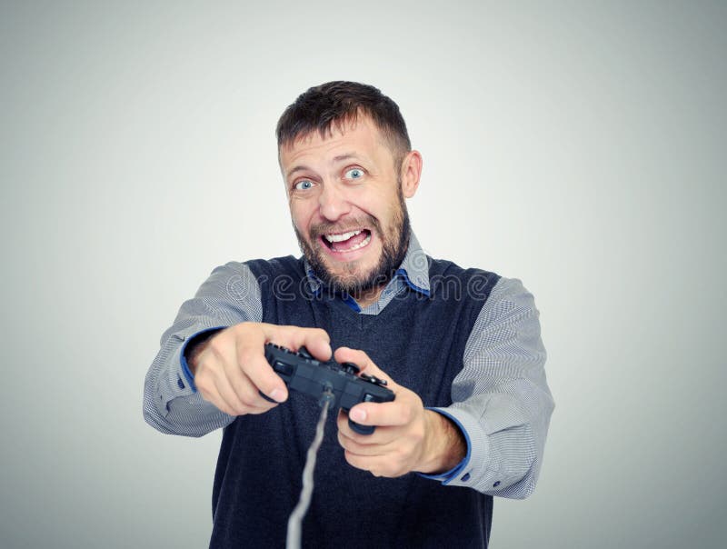 Portrait Bearded Man with a Joystick Playing in Game. Gamer Concept ...