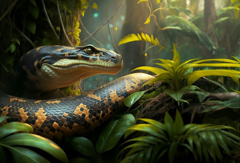 Portrait of Beautiful Ancient Python Snake in Greenery of Jungle. Close ...