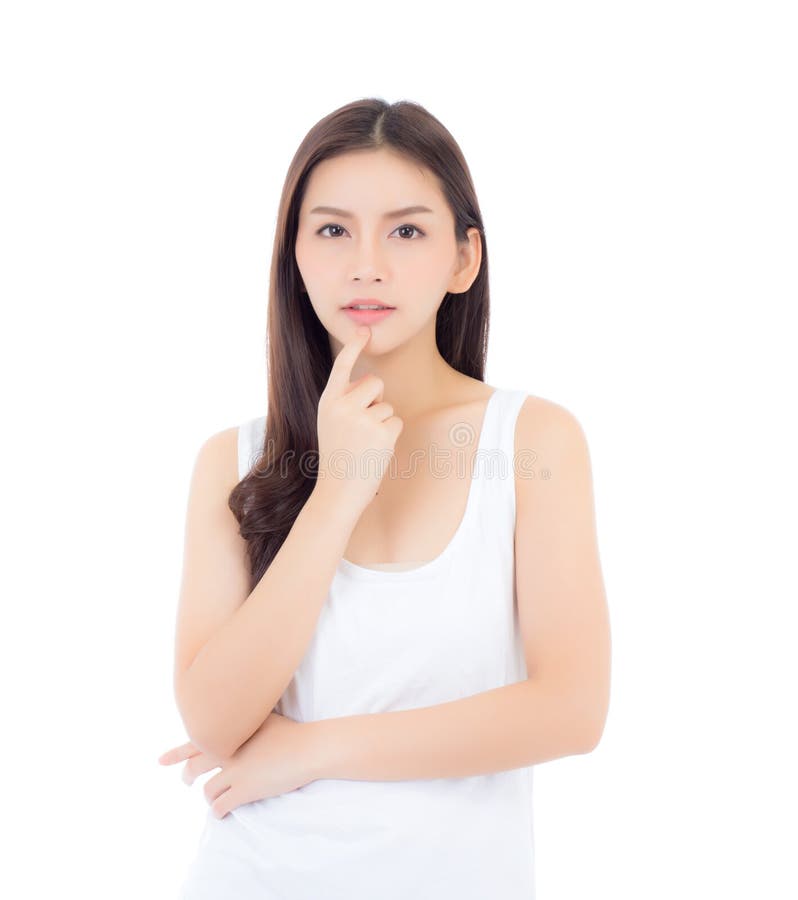 Portrait Of Beautiful Asian Woman Makeup Of Cosmetic Girl Hand Touch