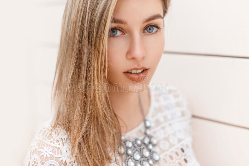 Portrait Of A Beautiful Blond Girl With Blue Eyes Stock Image Image