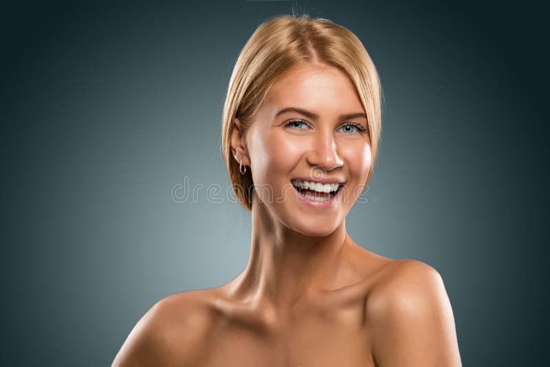 Portrait Beautiful Blond Woman With Blue Eyes Smiling Closeup Stock