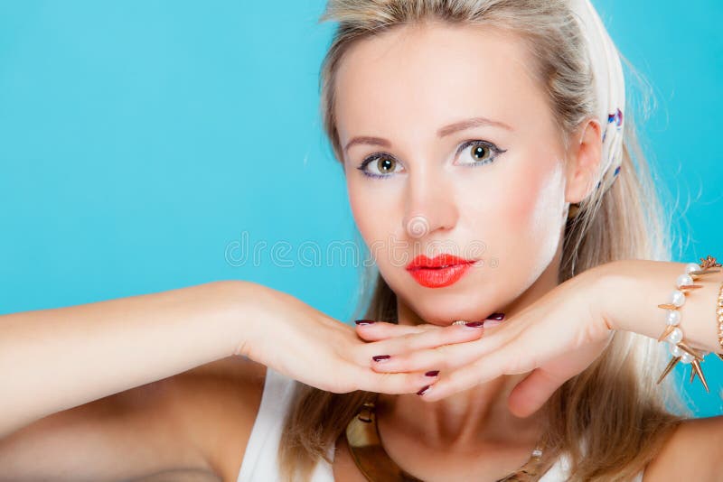 Portrait Beautiful Woman Pinup Girl Retro Style Blowing A Kiss Flirty