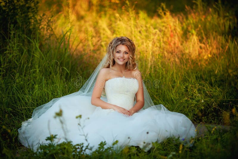 Portrait of Beautiful Bride Sitting on the Field Stock Photo - Image of ...