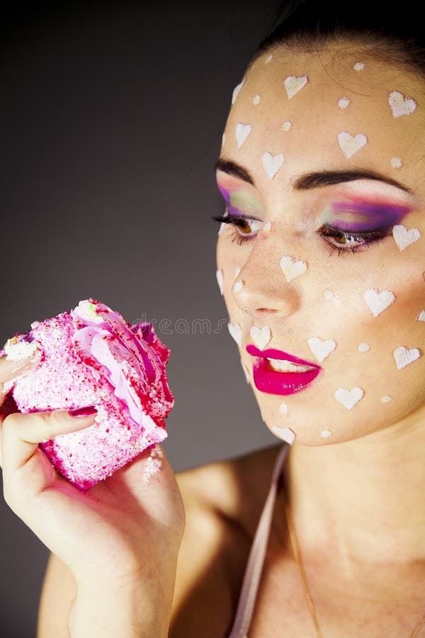Portrait Beautiful Brunette Eating Cake Stock Photo - Image of ...