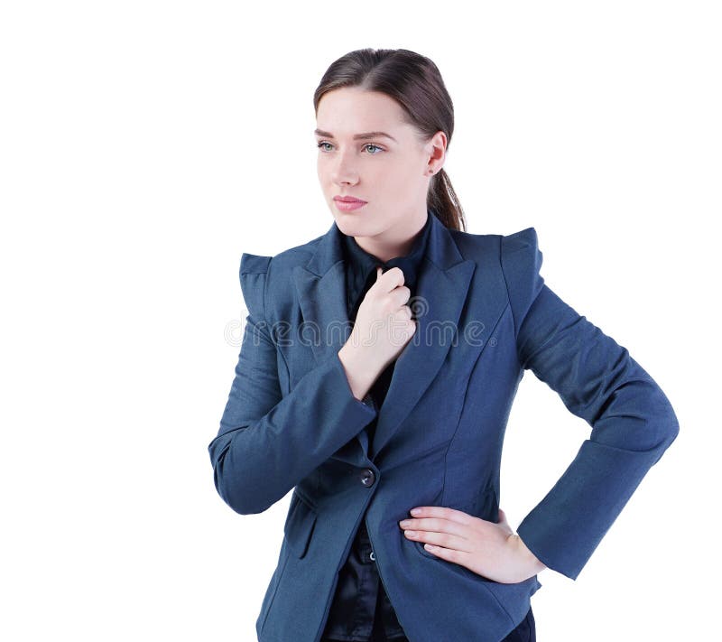 Portrait of a Beautiful Business Woman Straightens Her Tie. Isolated ... Portrait of a Beautiful Business Woman Straightens Her Tie. Isolated ...