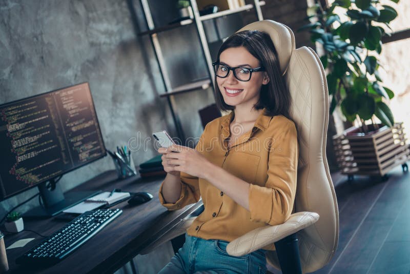 Portrait of Beautiful Cheerful Skilled Girl Using Gadget App Developing ...