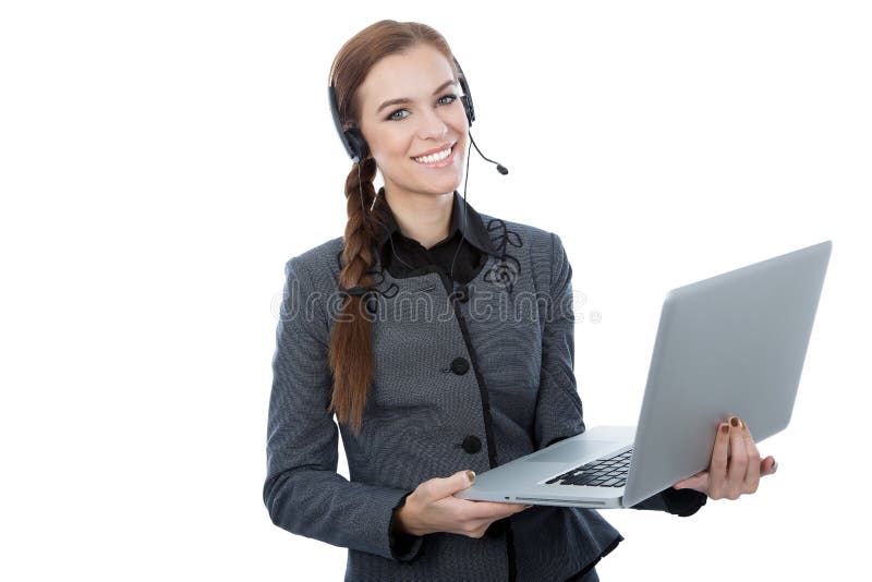 Portrait of a Beautiful Customer Service Worker Holding a Laptop. White ...