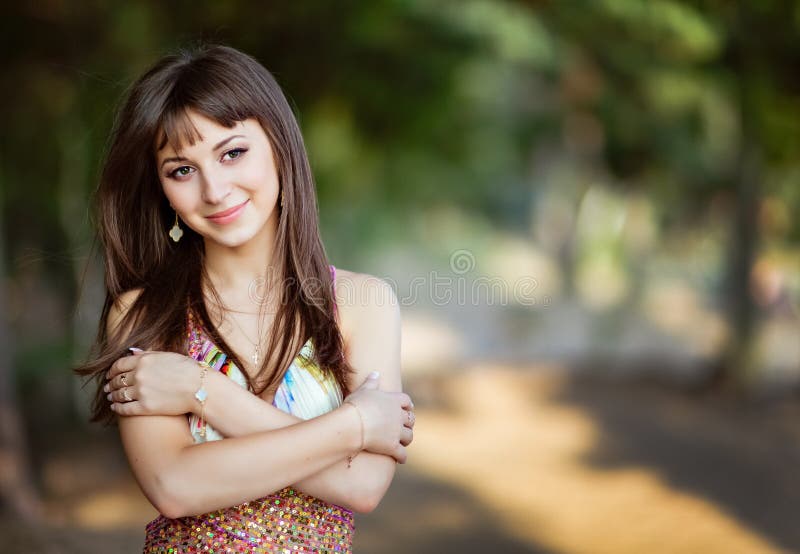Portrait Of A Cute Tender Girl With Straight Hair In Beautiful C Stock