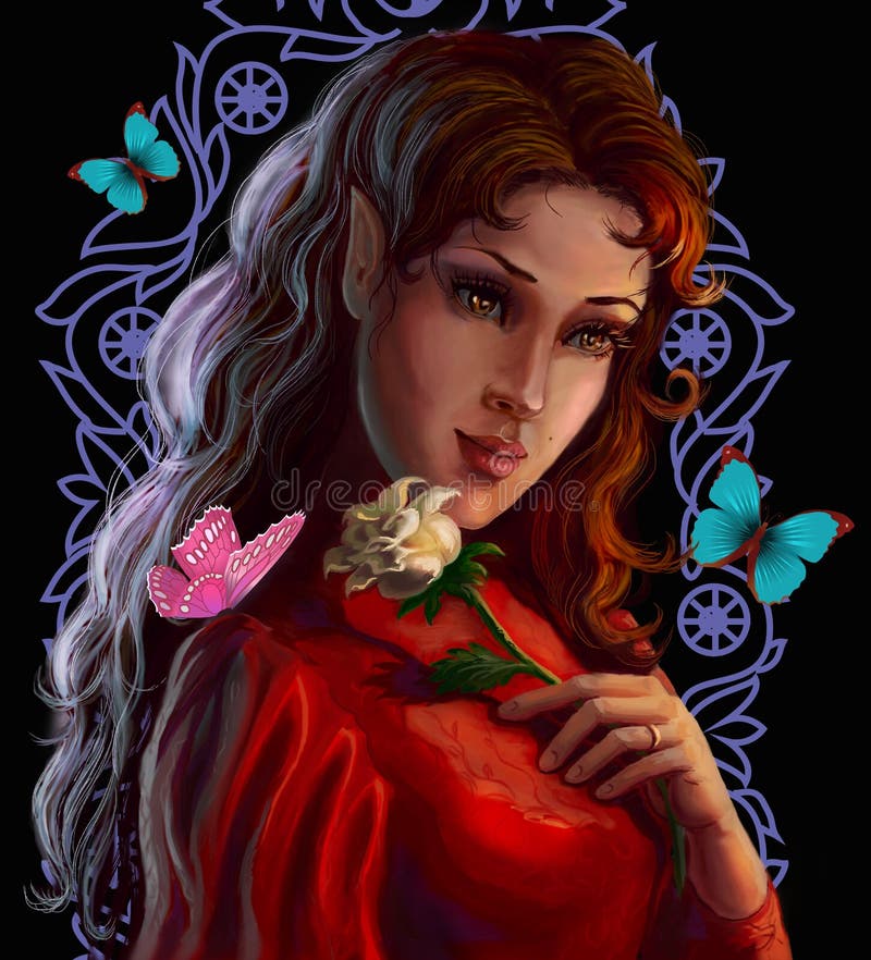 Portrait of a Beautiful Elf with Rose Stock Illustration - Illustration ...